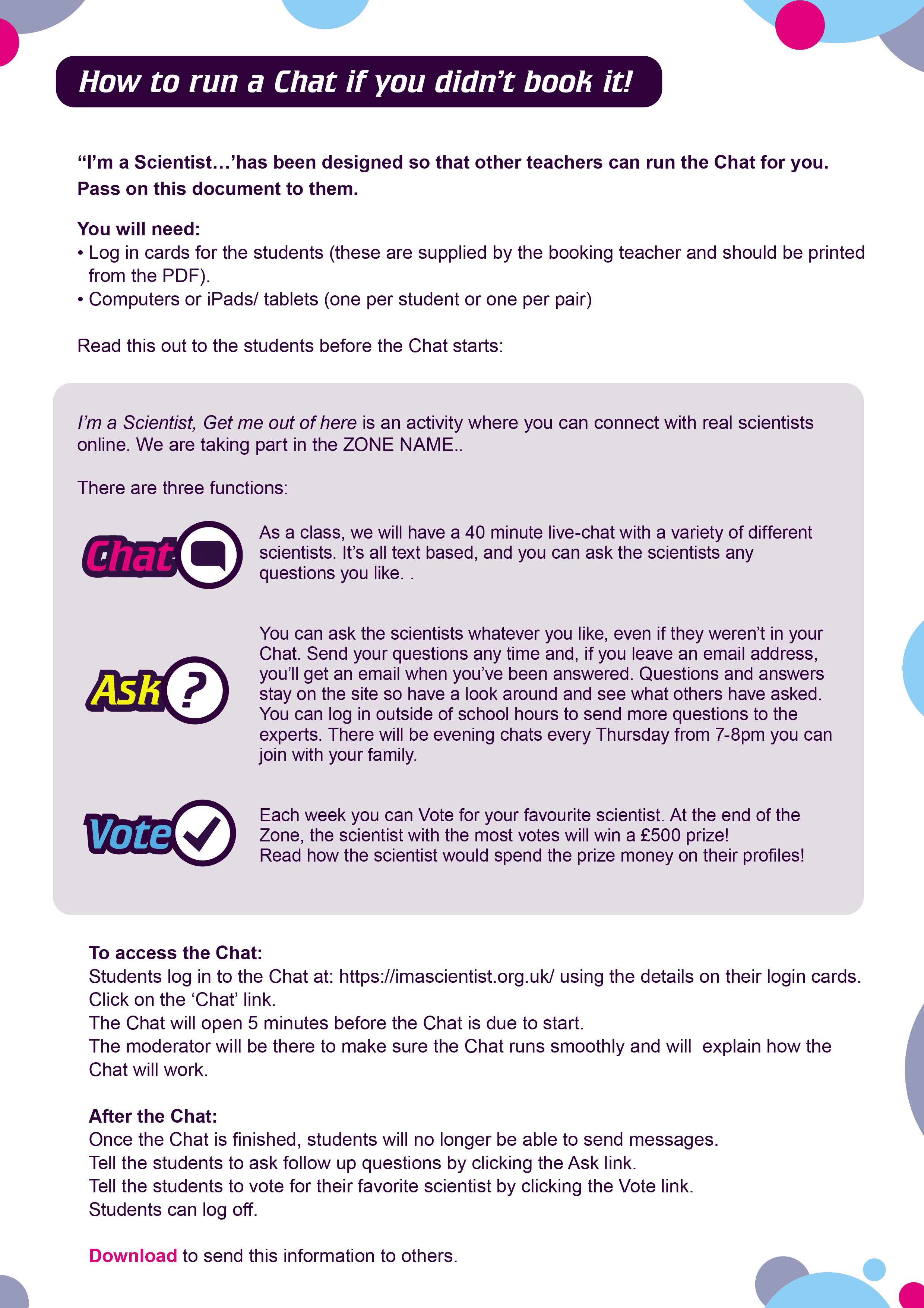 Running a Live Chat prompt sheet – I'm a Scientist, Get me out of here!